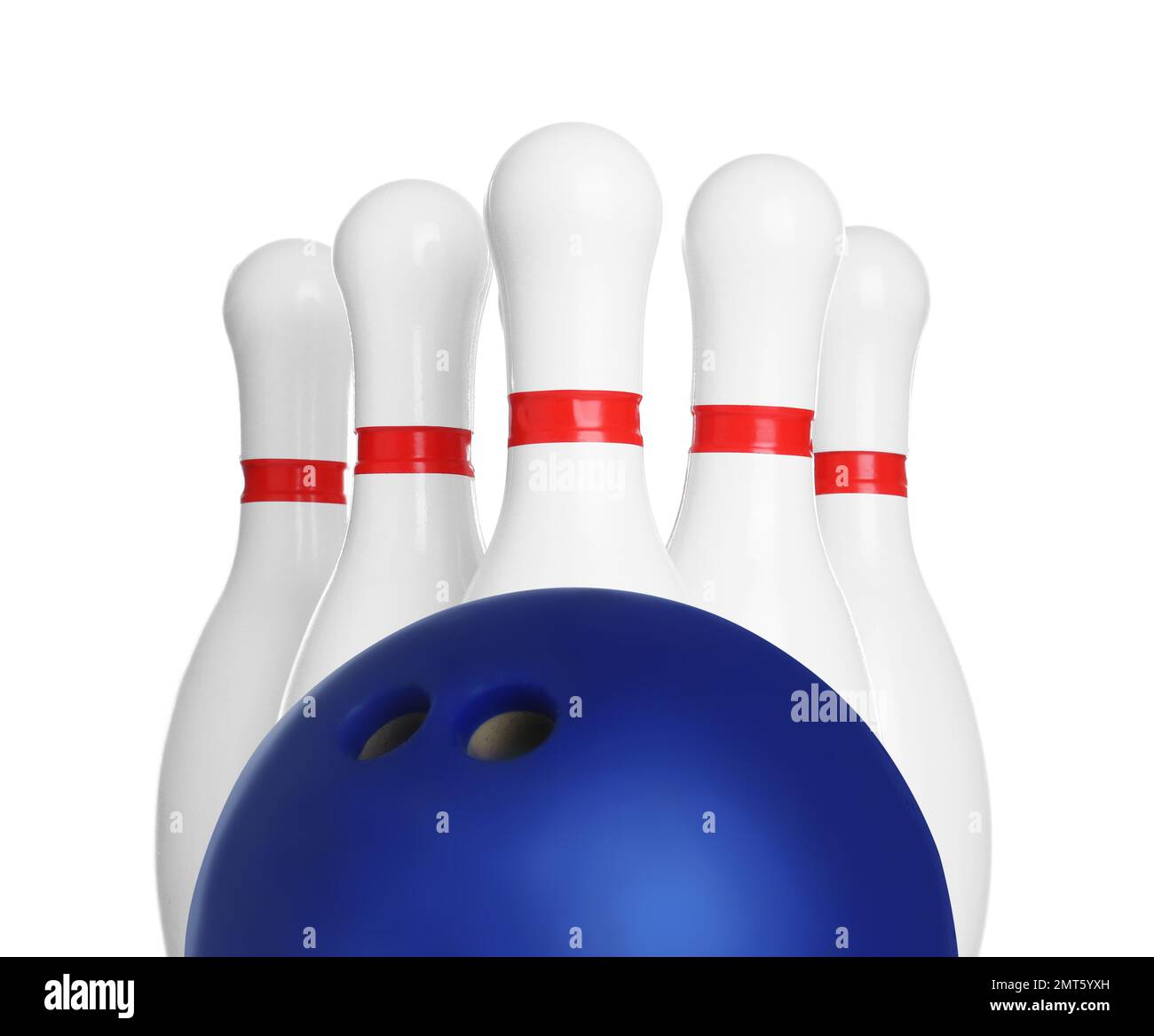 Blue bowling ball and pins on white background Stock Photo - Alamy