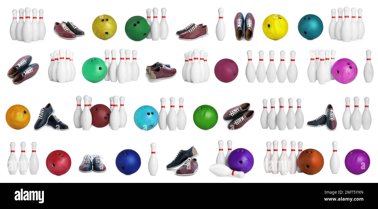 Set of bowling balls, pins and shoes on white background Stock Photo ...