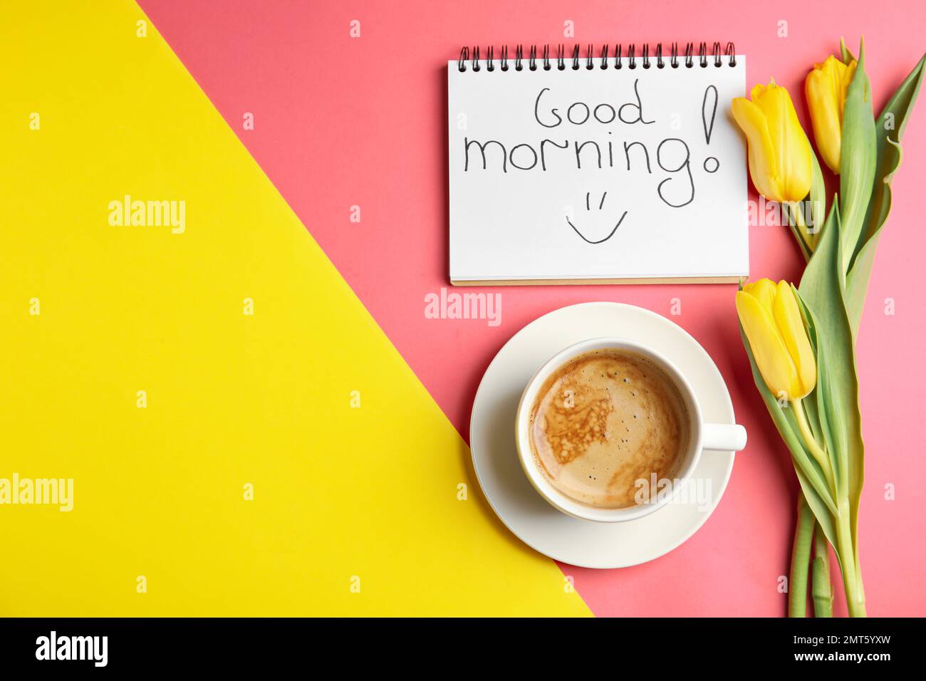 Delicious coffee, beautiful flowers and GOOD MORNING wish on color ...