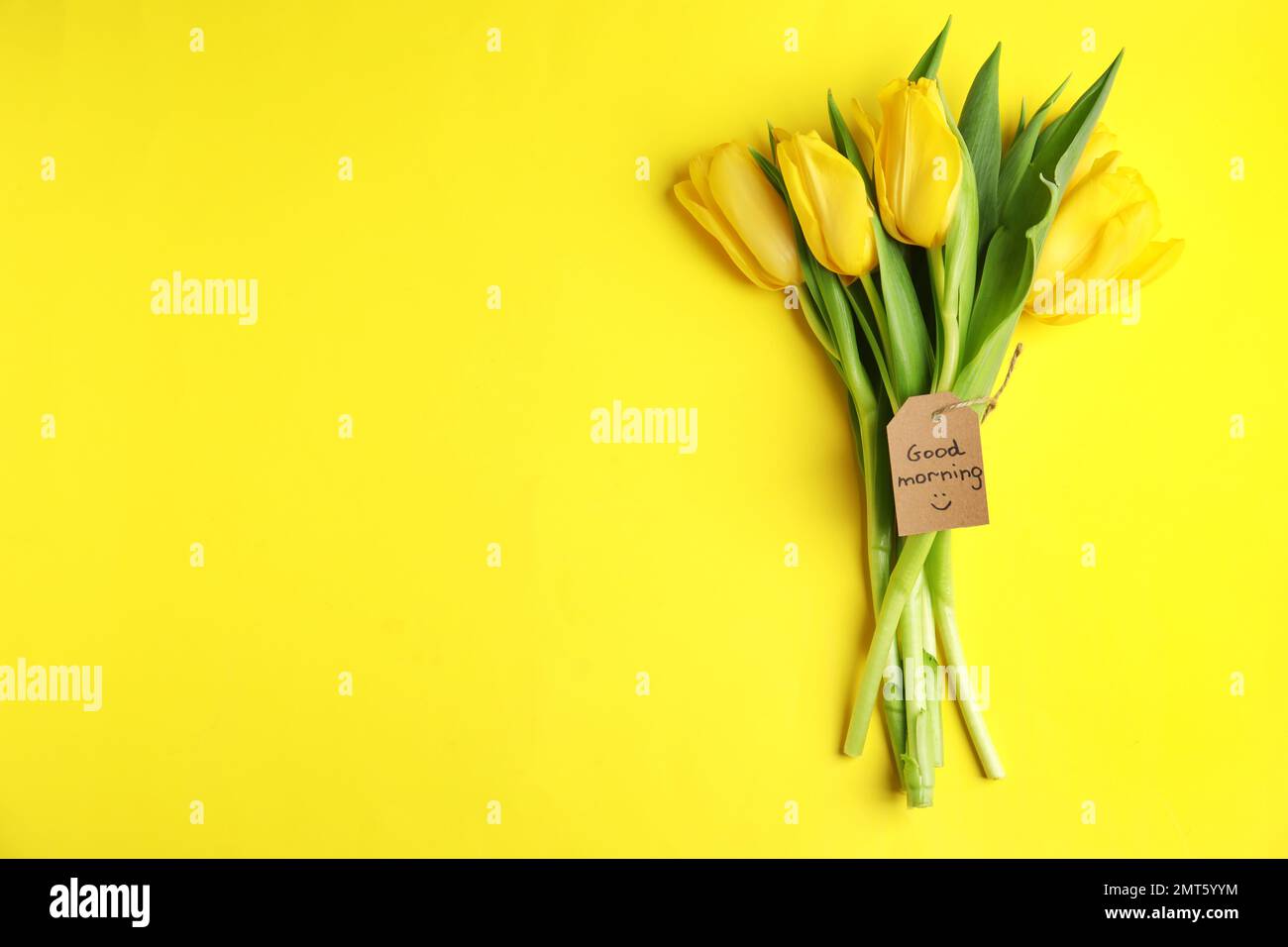 Beautiful tulips and GOOD MORNING wish on yellow background, top view ...