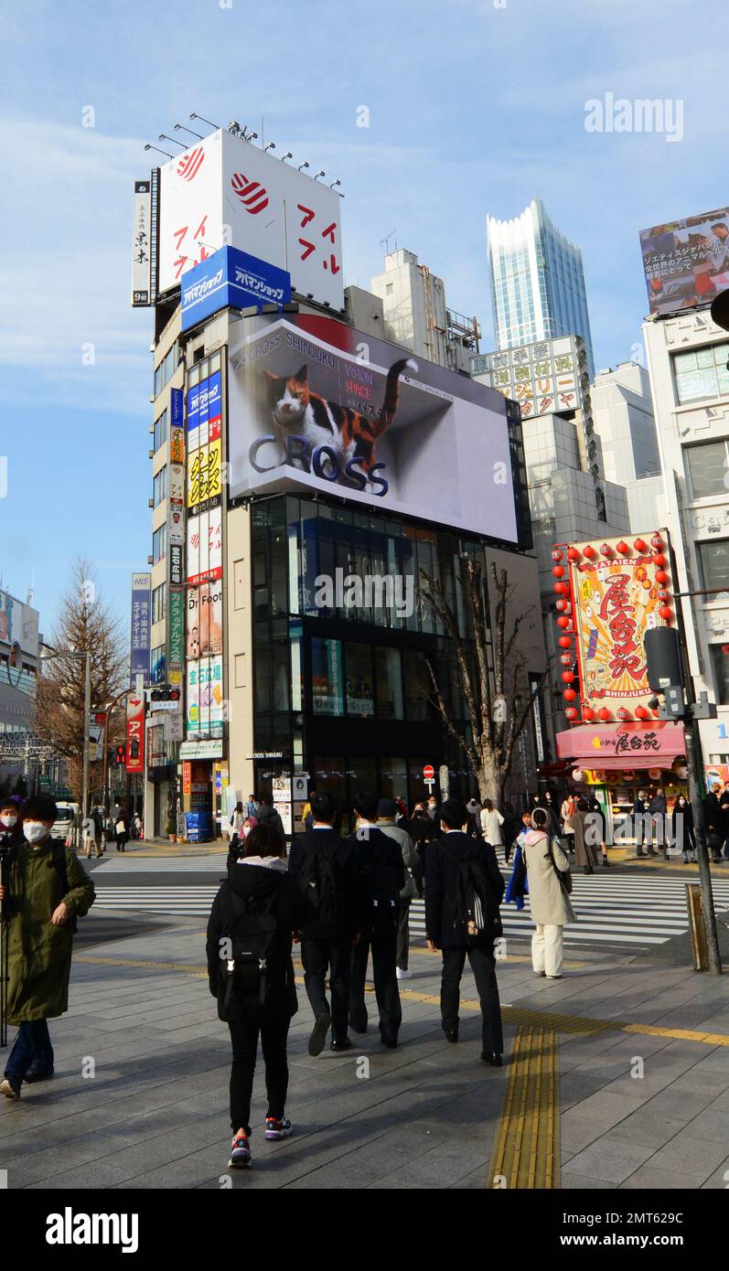 Pedestrians crossing the street under the 3D cat billboard in Shinjuku ...