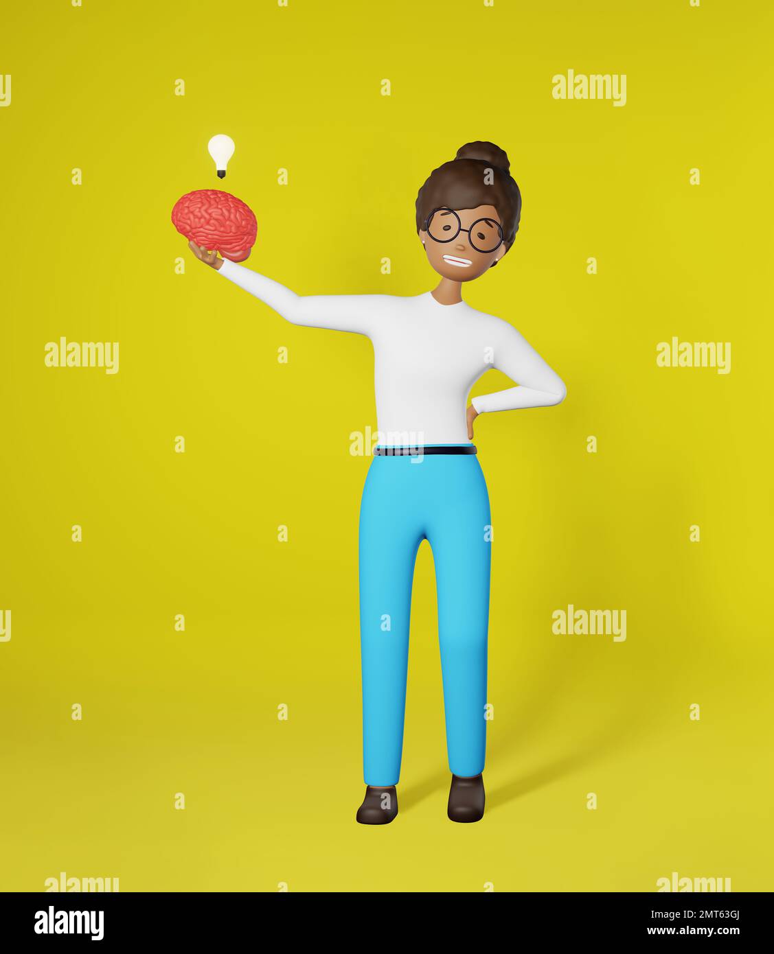 African American girl human brain yellow background 3d rendering ...