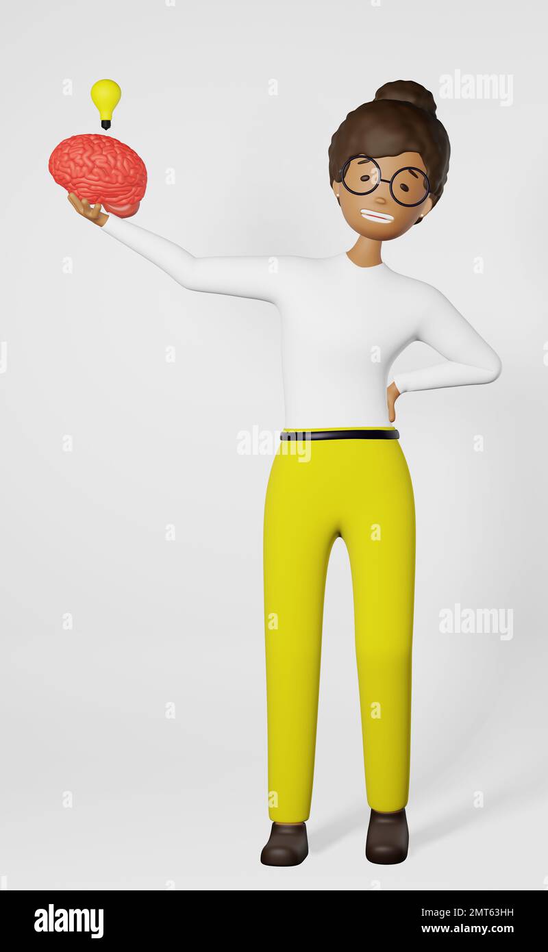 African American girl human brain white background 3d rendering ...