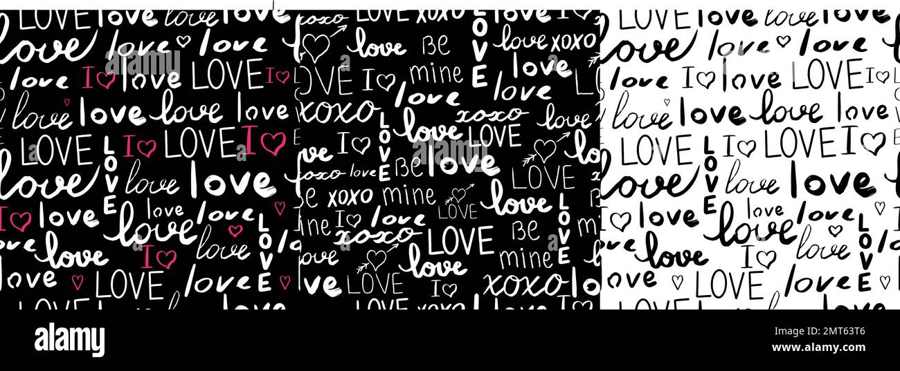 Set Text love, script cute doodle hand drawn seamless pattern on black ...