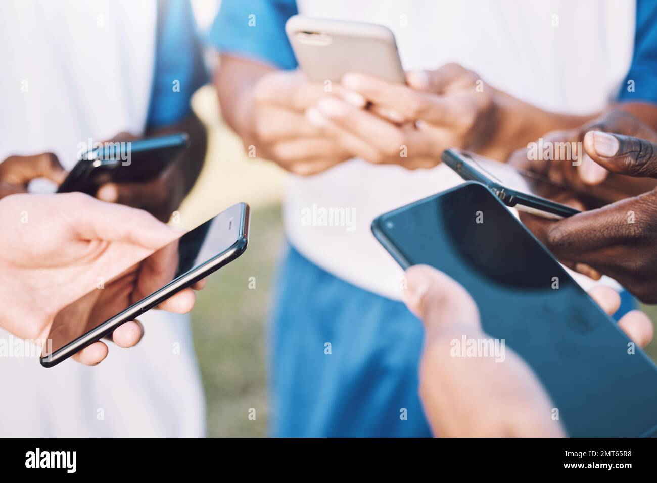 Connection, social media and hands with phone for communication ...