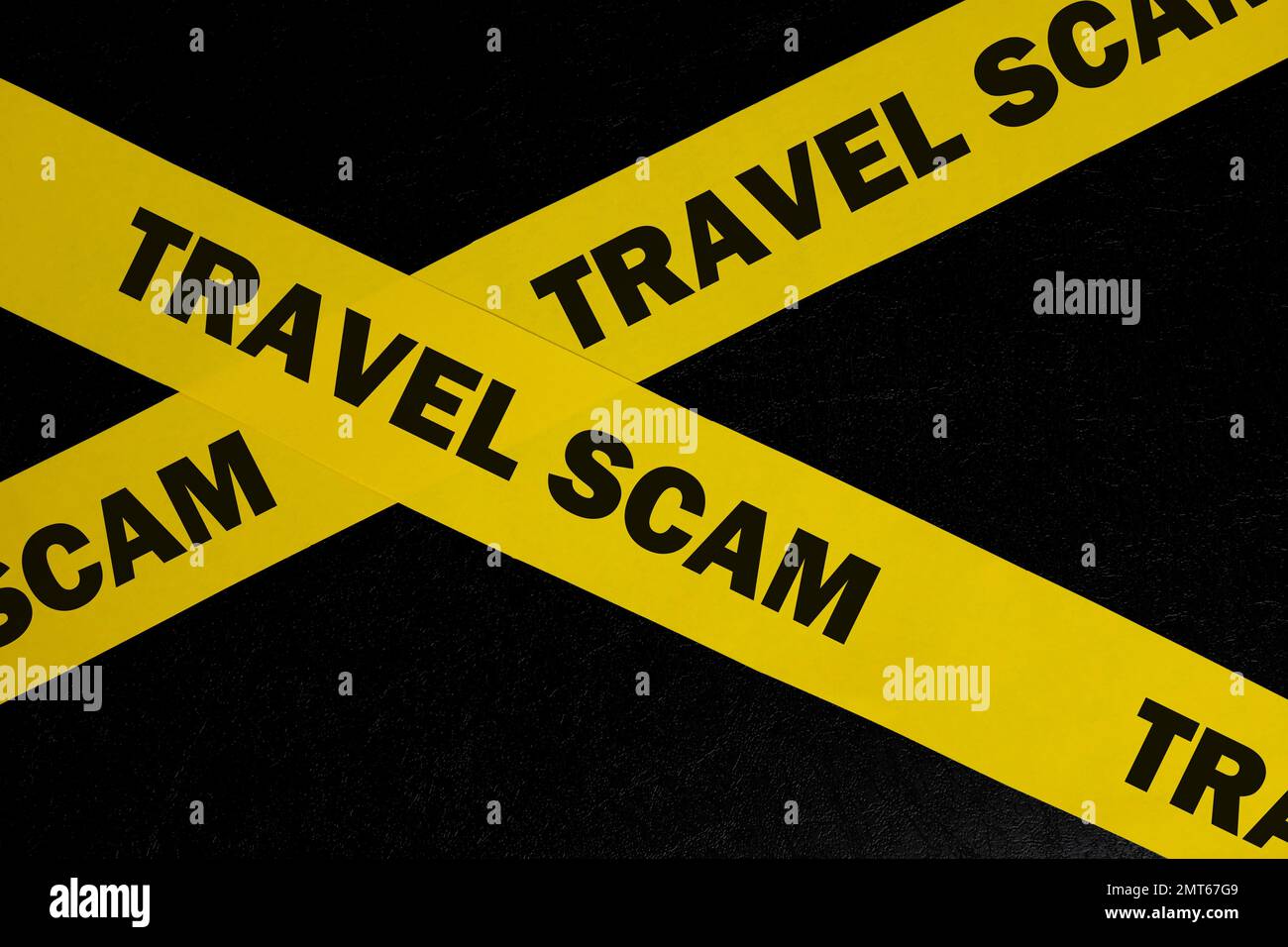 Travel scam alert, caution and warning concept. Yellow barricade tape ...