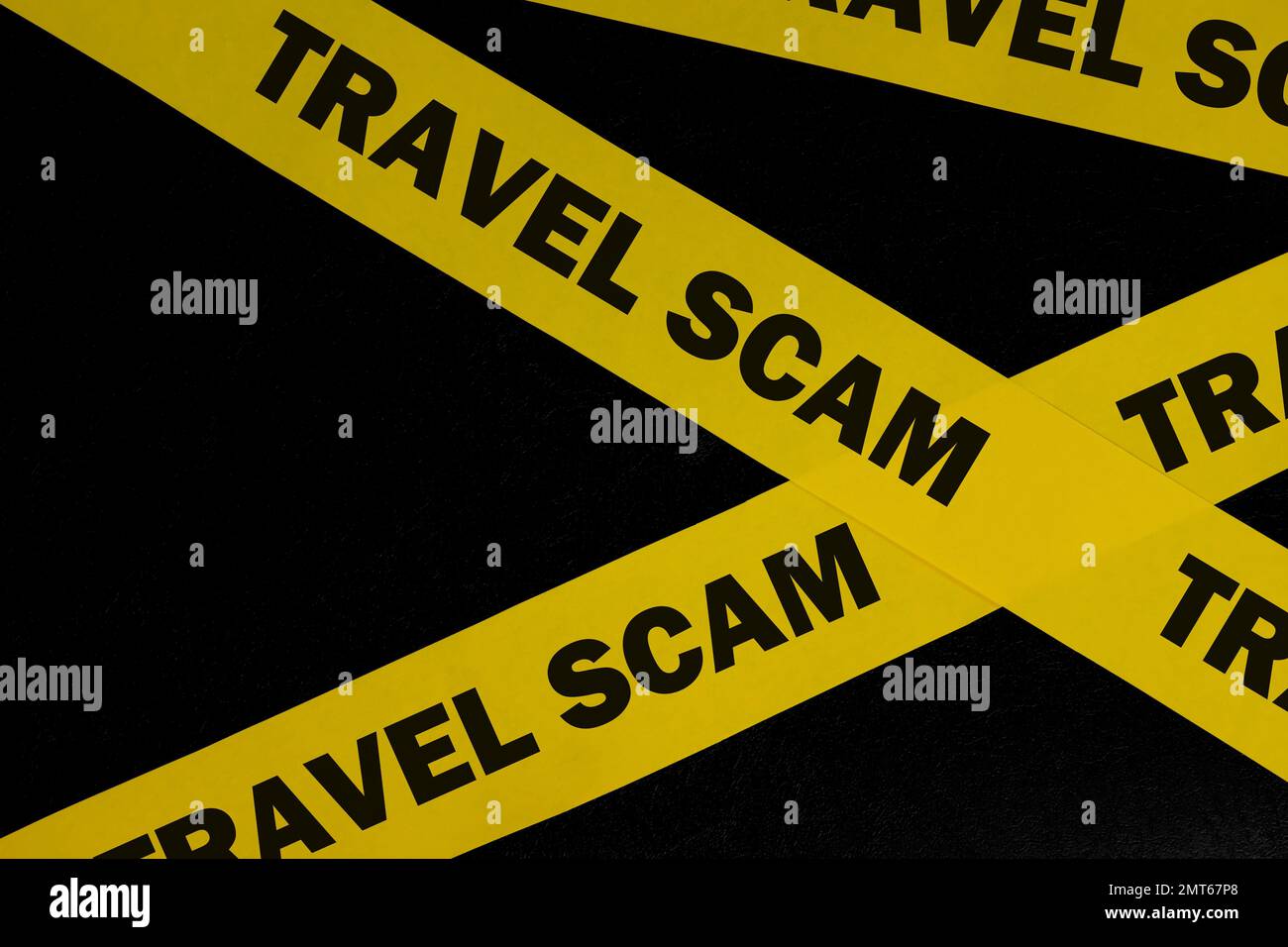 Travel scam alert, caution and warning concept. Yellow barricade tape ...