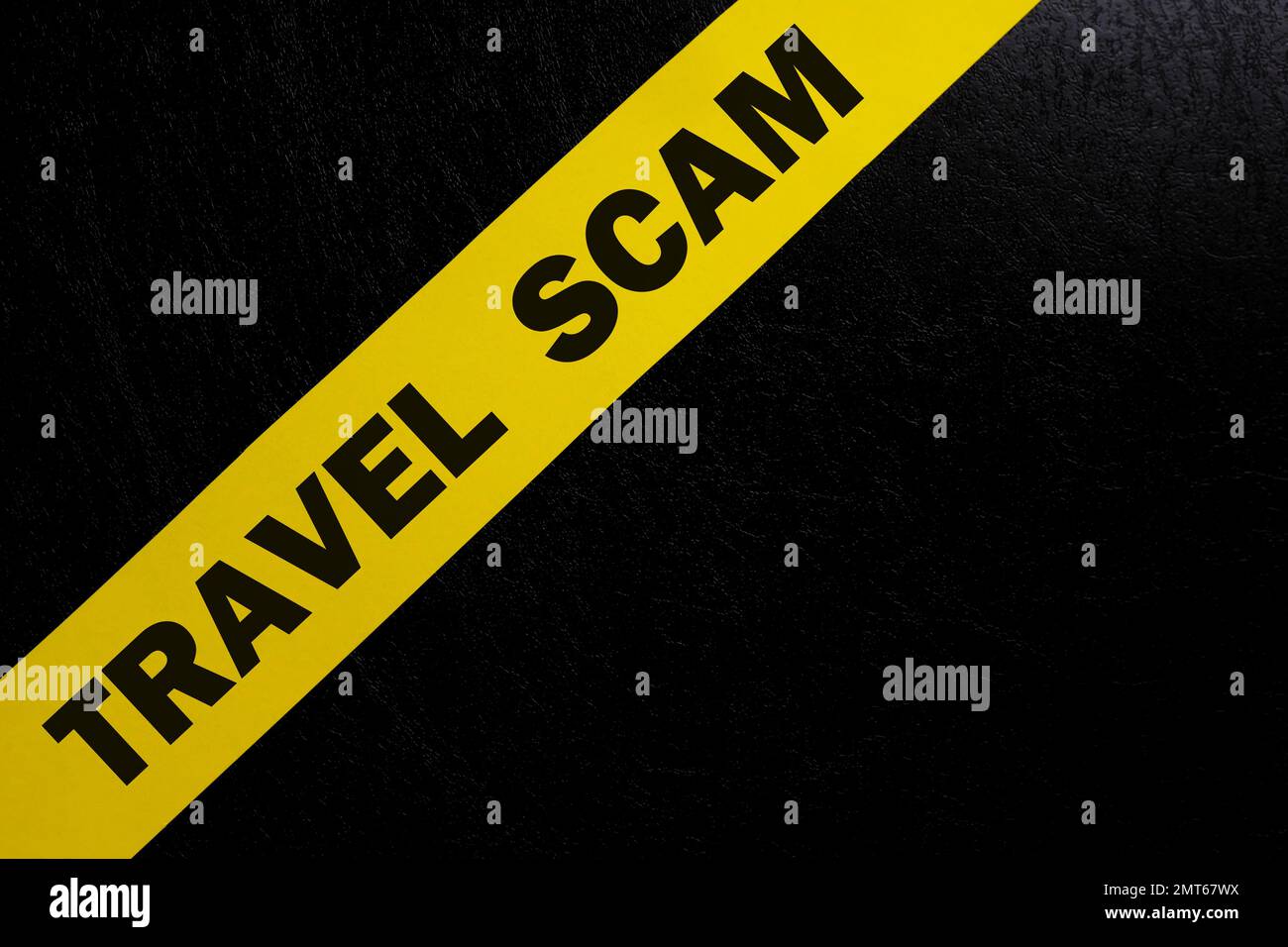 Travel scam alert, caution and warning concept. Yellow barricade tape ...