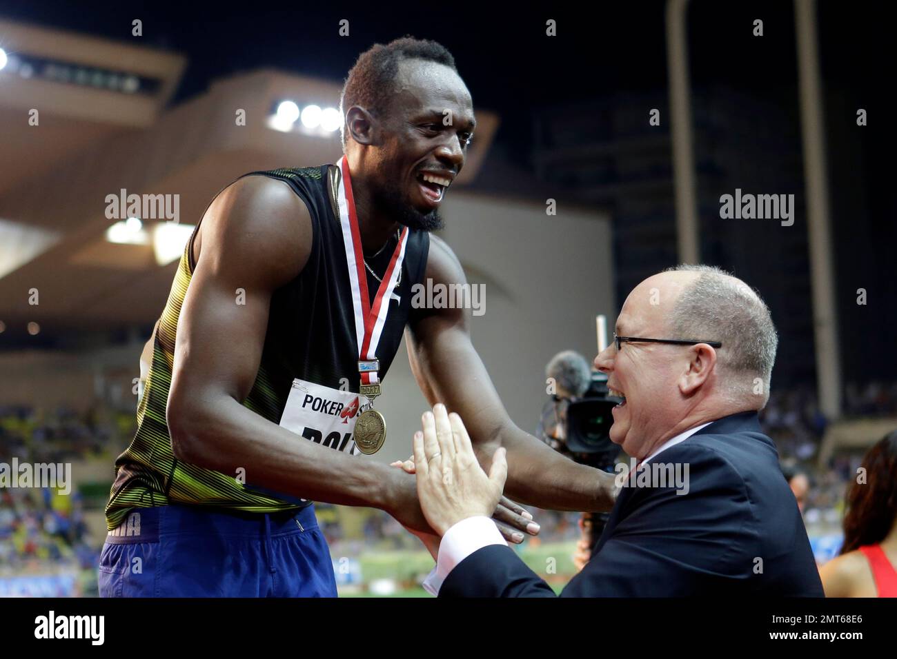 Jamaica's Usain Bolt shares a laugh with Prince Albert of Monaco during ...