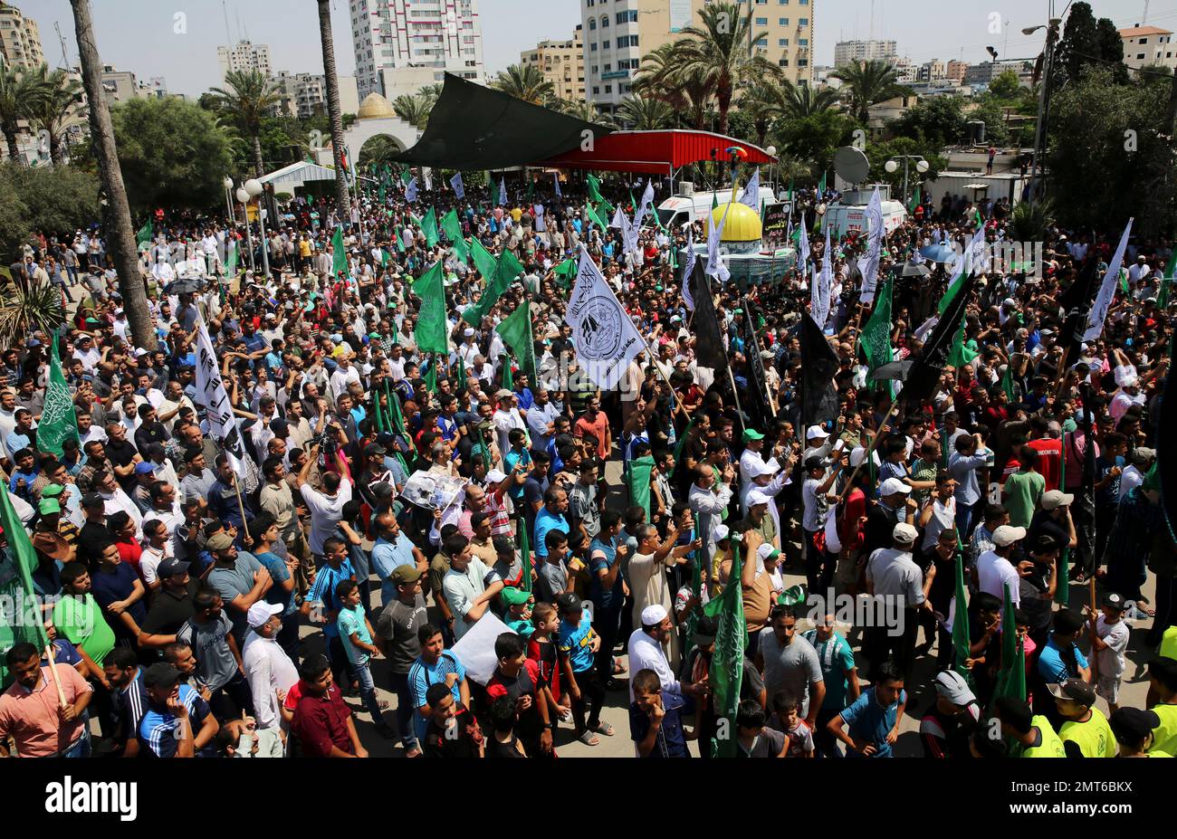 Hamas supporters gather during a protest against metal detectors Israel ...
