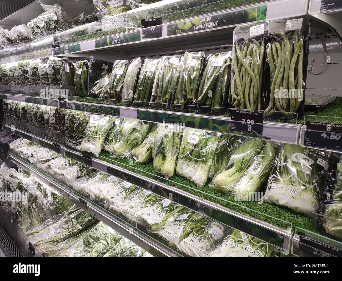 Various fresh vegetables on shelf in supermarket for background Stock ...