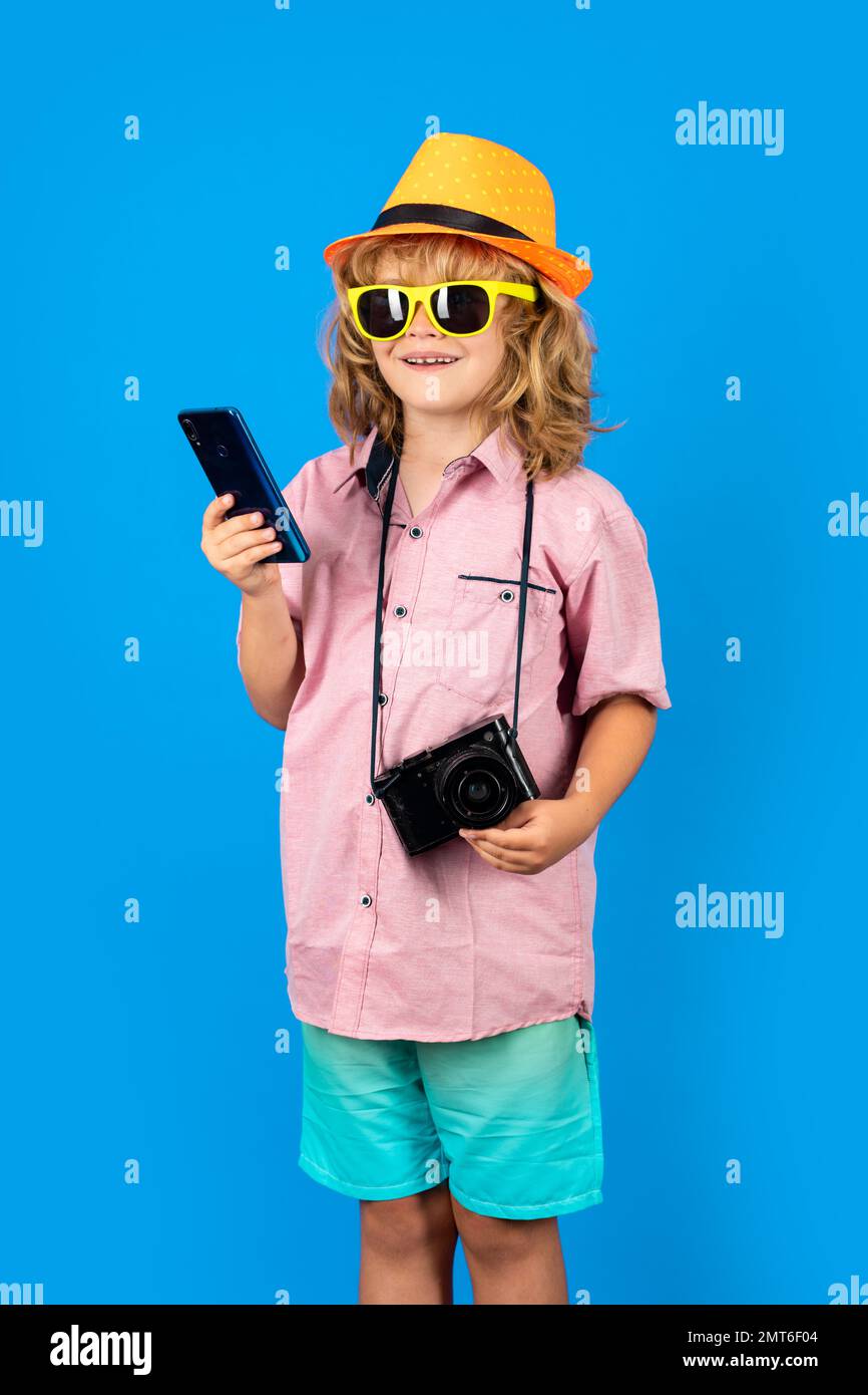 Child vlogger making video call, chatting. Kid tourist blogger making ...