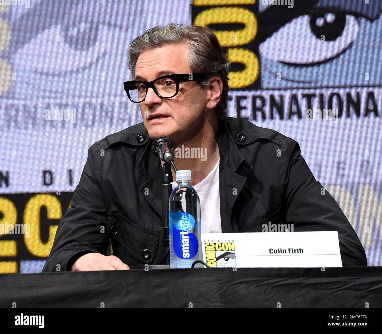 Colin Firth speaks at the 20th Century Fox panel on day 1 of Comic-Con ...