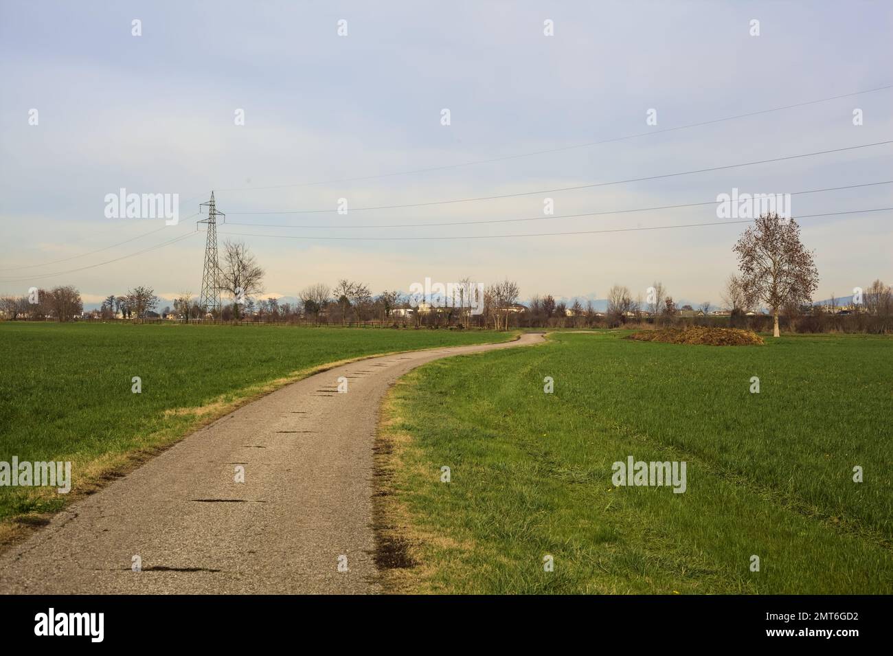 Paved trail between cultivated fields on a sunny day in the italian ...