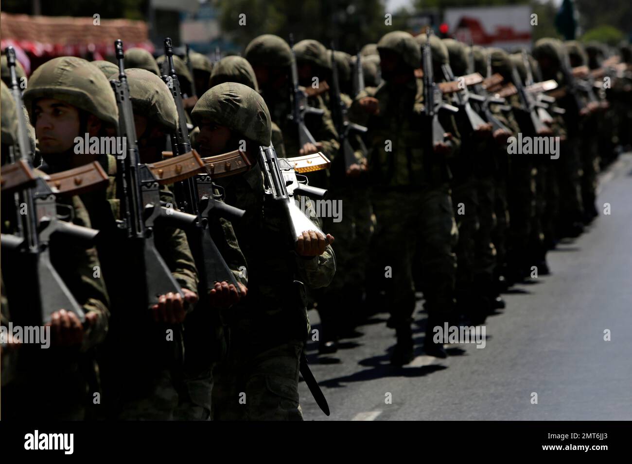 Turkish soldiers march in a military parade during the highlight of ...