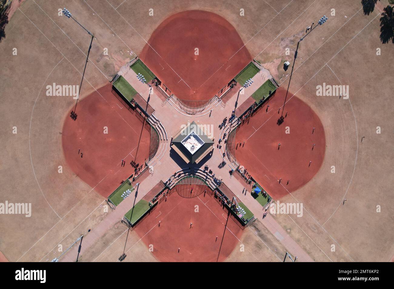An aerial view of a brown baseball field in Gilbert Park, Arizona Stock ...