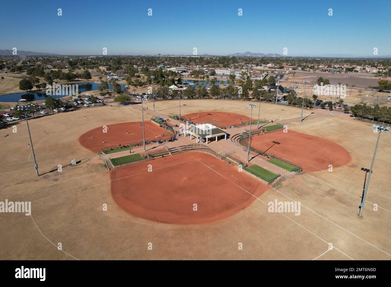 An aerial view of a brown baseball field in Gilbert Park, Arizona Stock ...