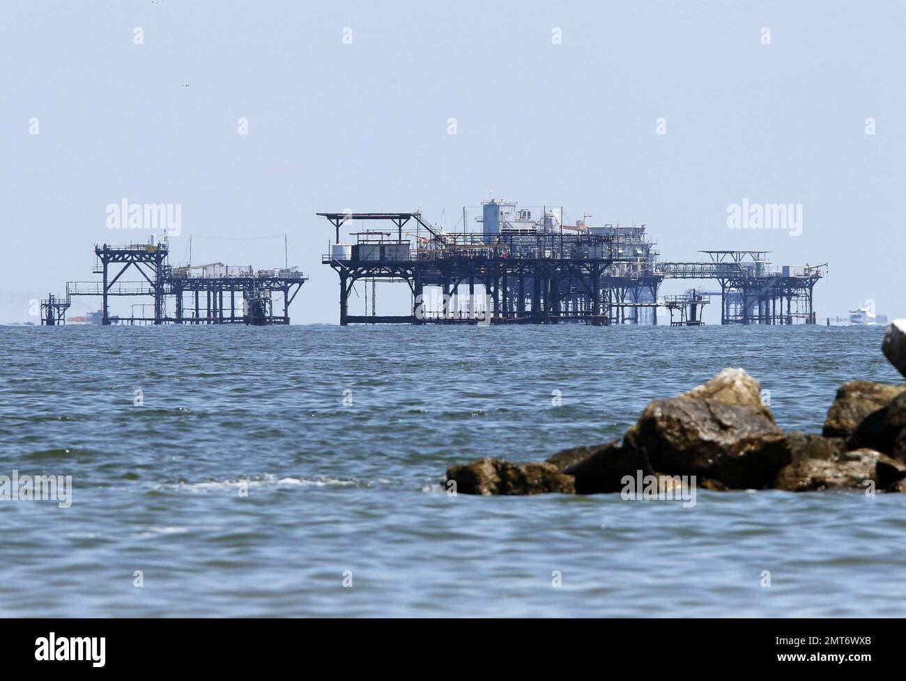 An oil rig is seen in Port Fourchon in Grand Isle, Louisiana, the site ...