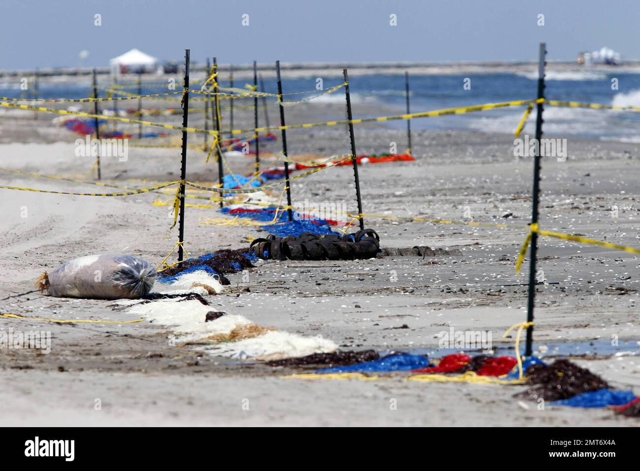 Pom-poms are used to absorb oil in Grand Isle, Louisiana, the site of ...