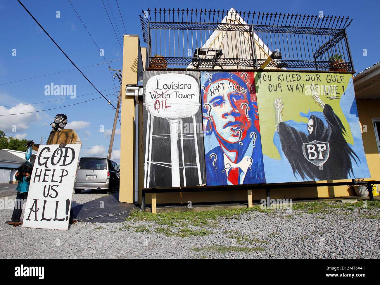 Protest signs in Grand Isle, Louisiana, the site of the ongoing ...