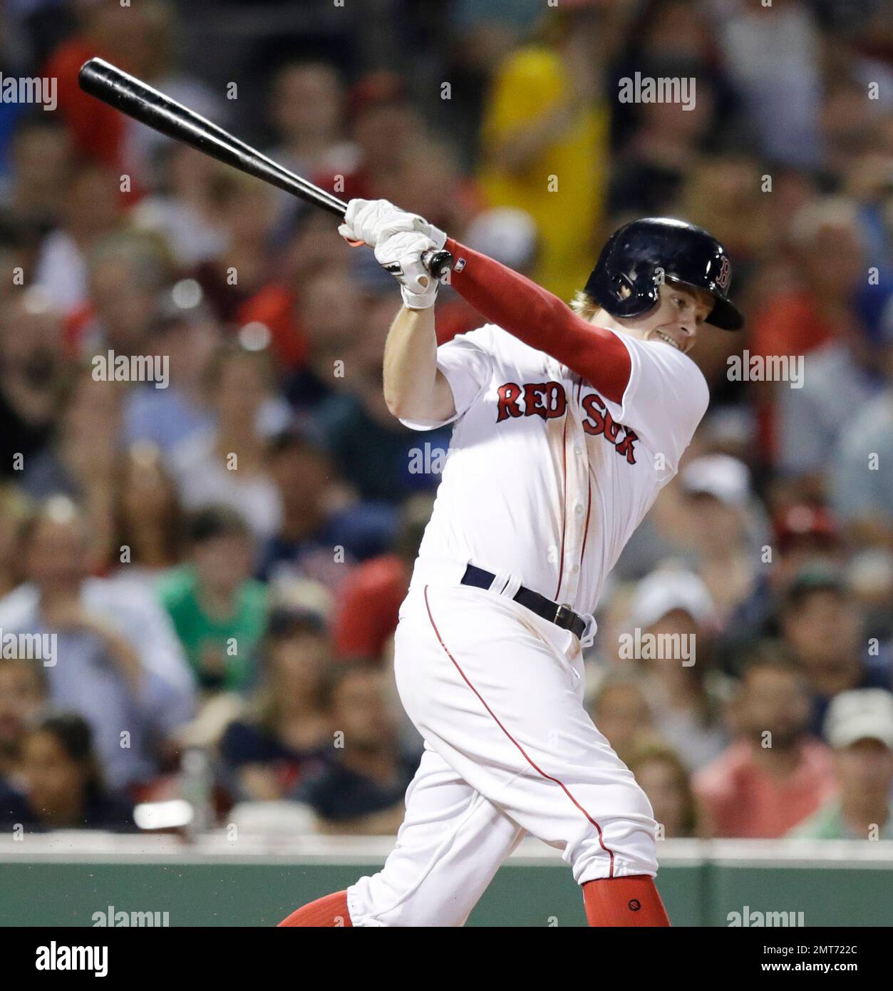 Boston Red Sox's Brock Holt swings during a baseball game at Fenway ...
