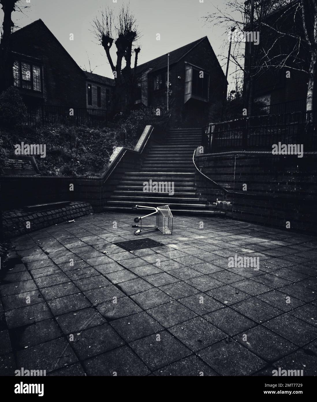 A grayscale of a fallen shopping basket in front of a house with stairs ...