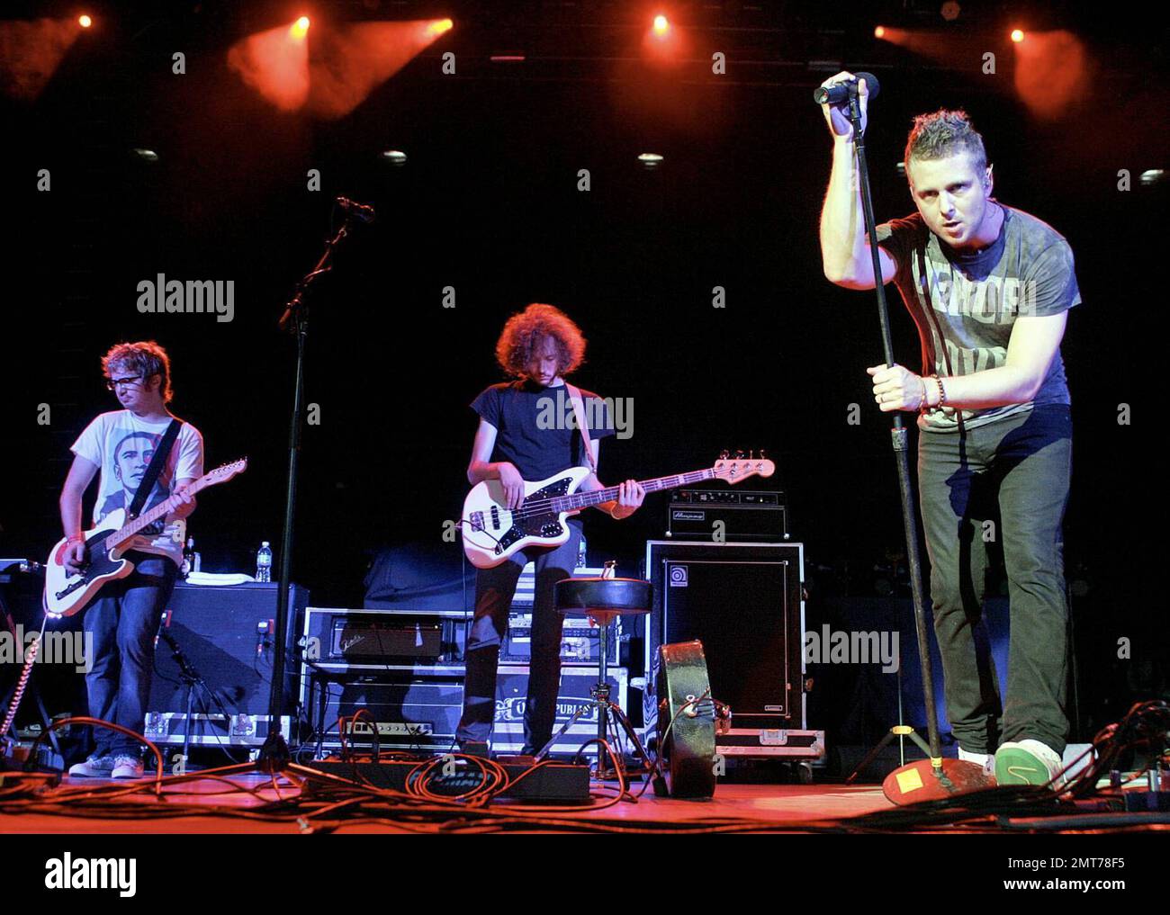 Ryan Tedder (L), Brent Kutzle (C) and Drew Brown of OneRepublic perform ...
