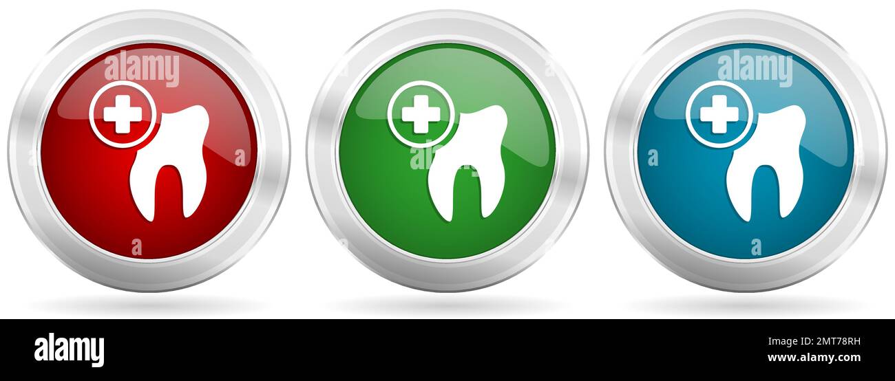 Dentist, dental, tooth vector icon set. Red, blue and green silver ...
