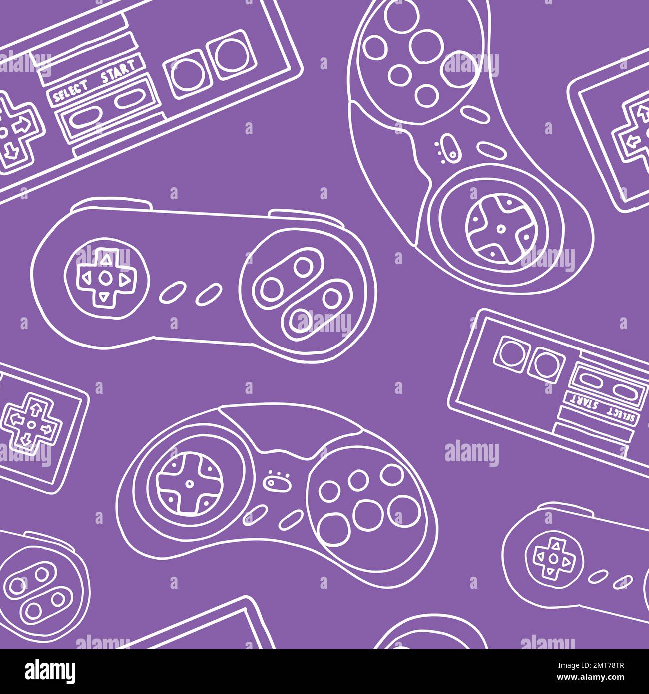 Seamless pattern of game controllers. Vector illustration in hand-drawn outline flat style on ...
