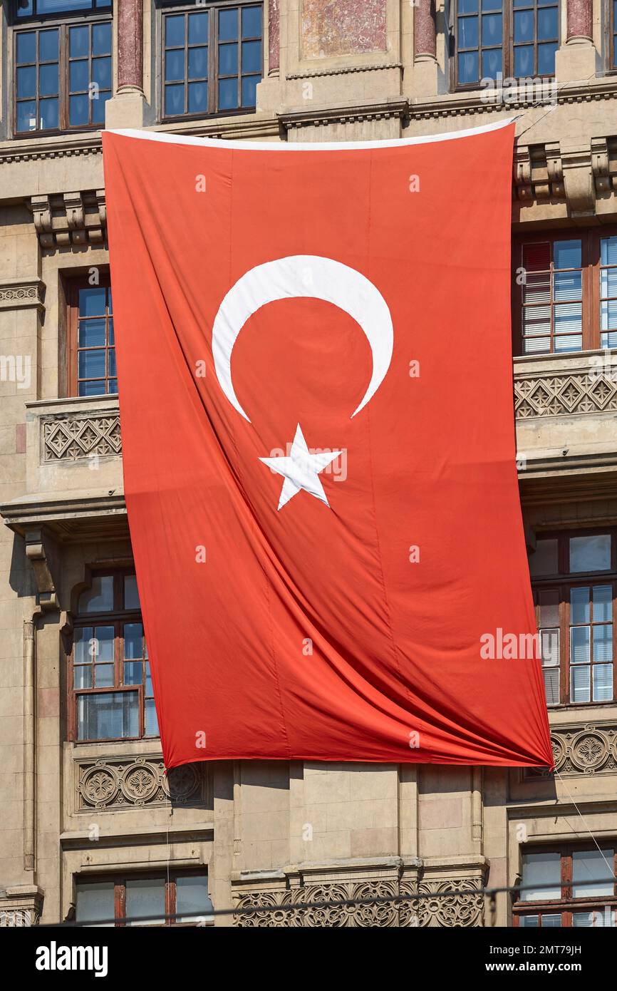 Turkish flag waving on a traditional buiding facade. Istanbul, Turkey ...