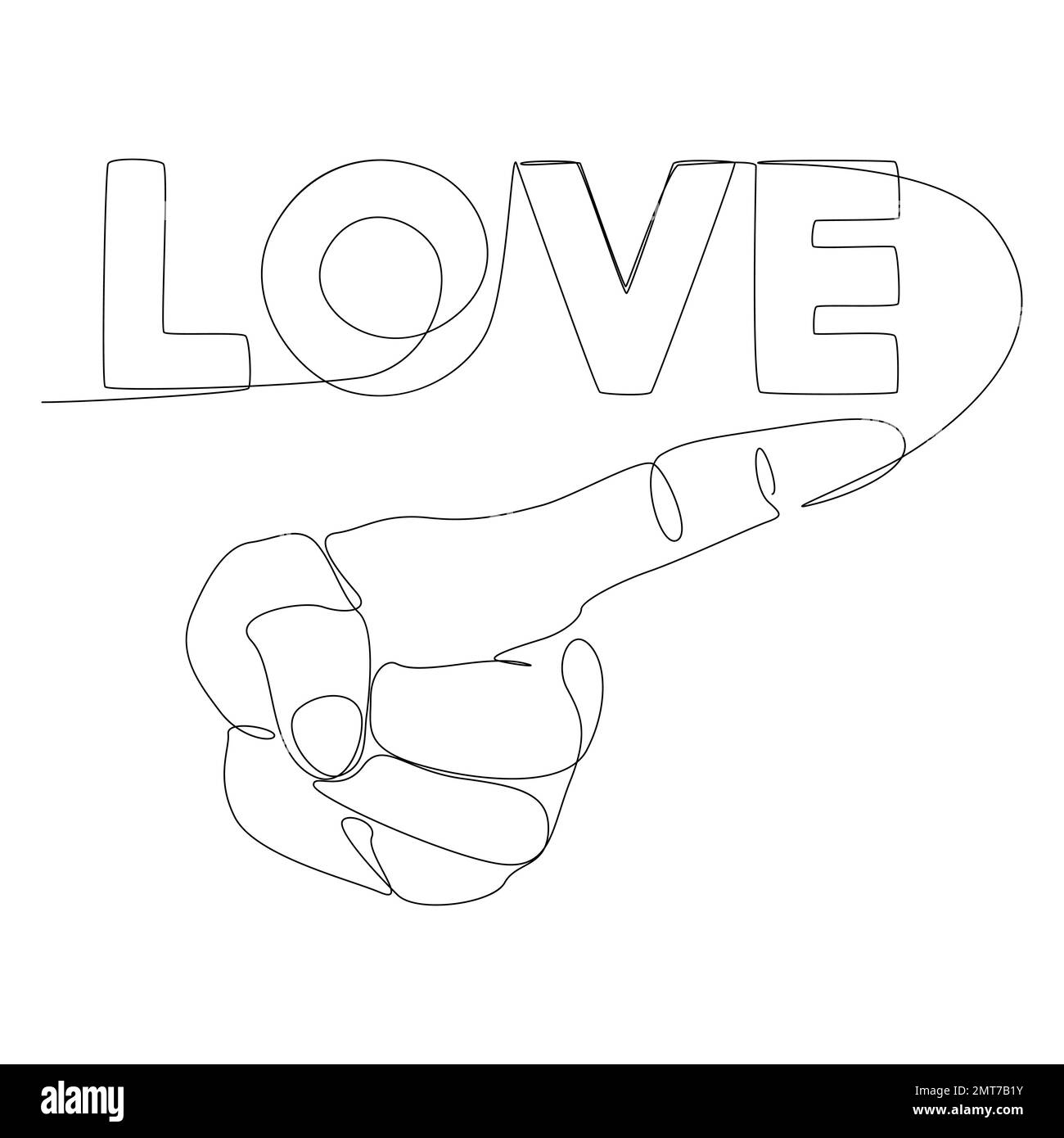 One continuous line of index finger pointng at Love word. Thin Line ...