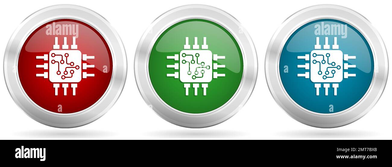 Circuit, technology, chip, processor vector icon set. Red, blue and ...
