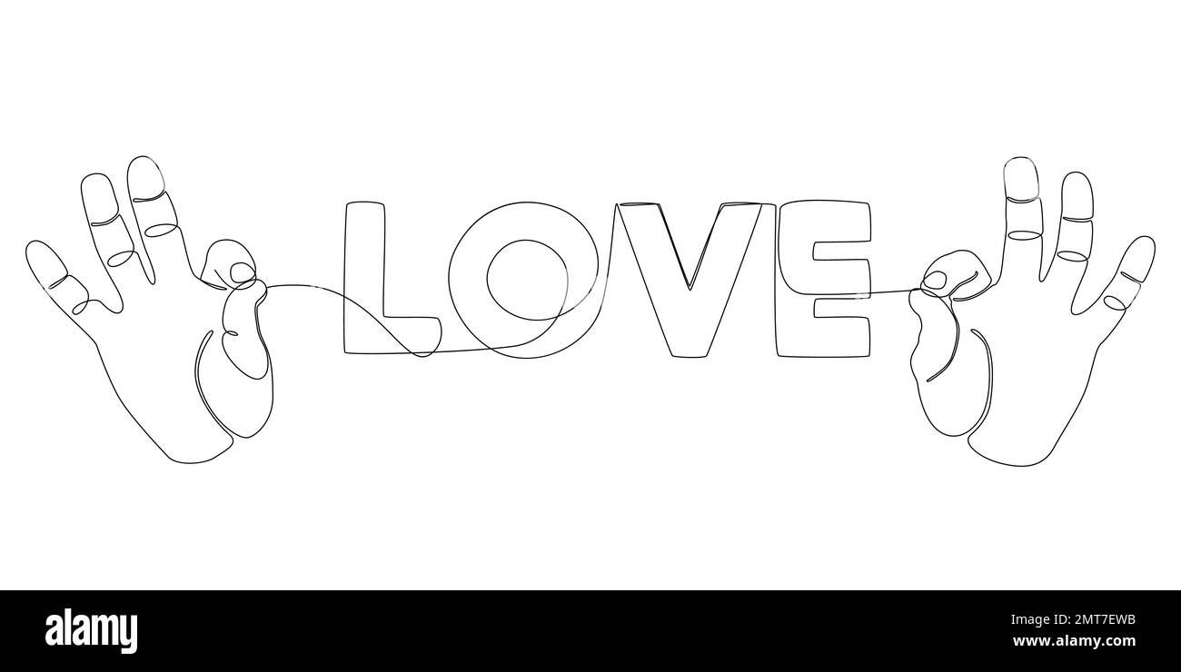 One Continuous Line Of Two Hand Holding A String With Love Word Thin
