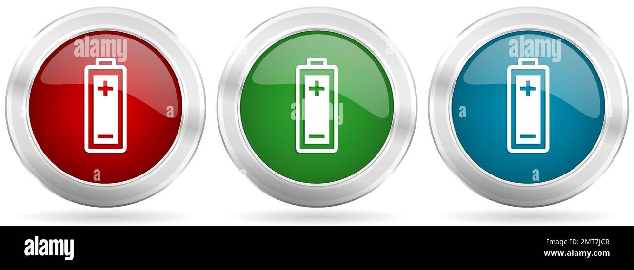 Battery vector icon set. Red, blue and green silver metallic web ...