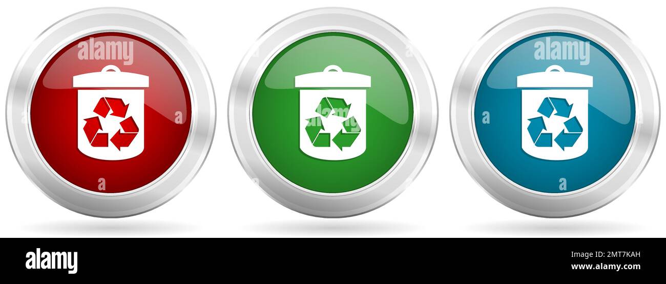 Recycle vector icon set. Red, blue and green silver metallic web ...