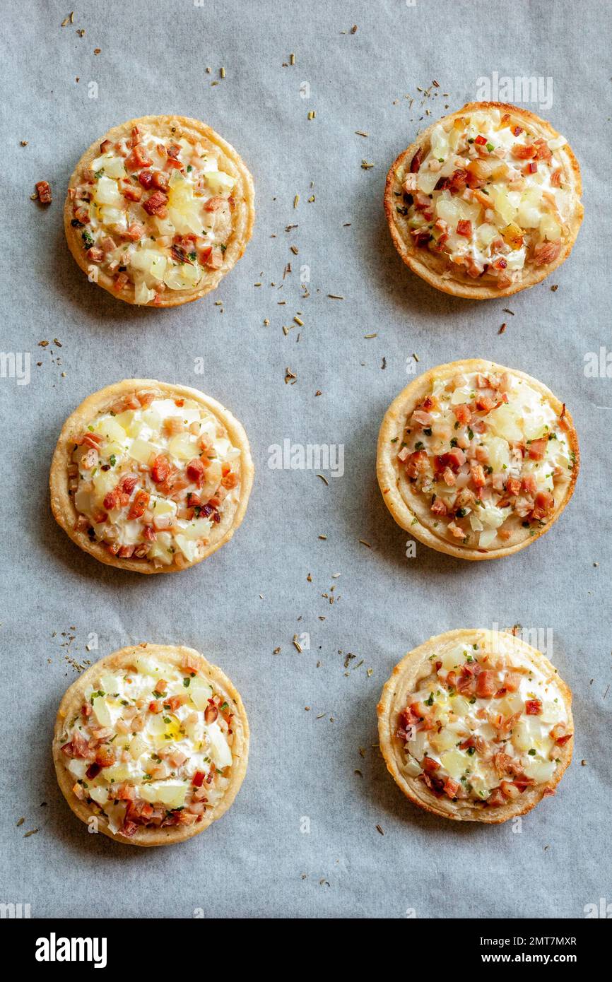 flamenkueche or tarte flambee, french onion, bacon and cream flame cake ...