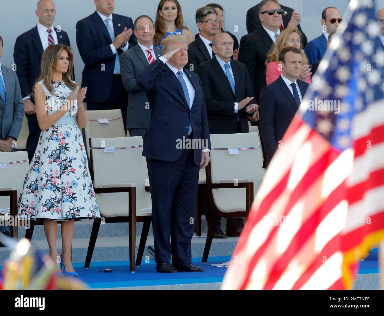 French President Emmanuel Macron, right, U.S. President Donald Trump ...