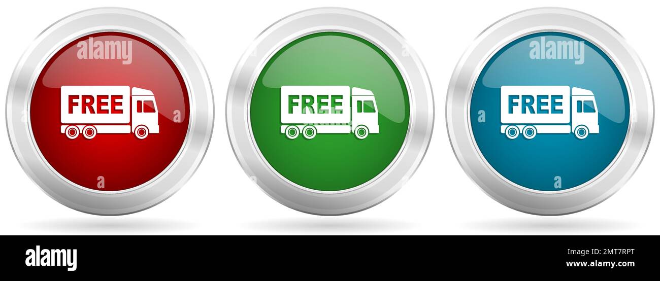 Free delivery vector icon set. Red, blue and green silver metallic web ...