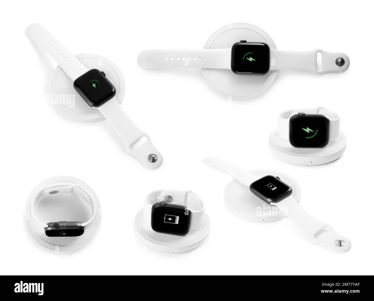 Collage with wireless chargers and smartwatches on white background ...