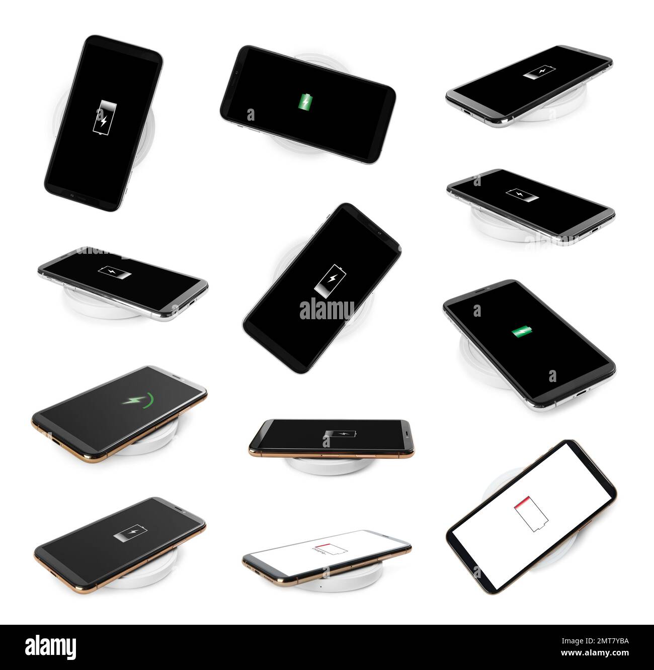 Collage with wireless chargers and smartphones on white background ...