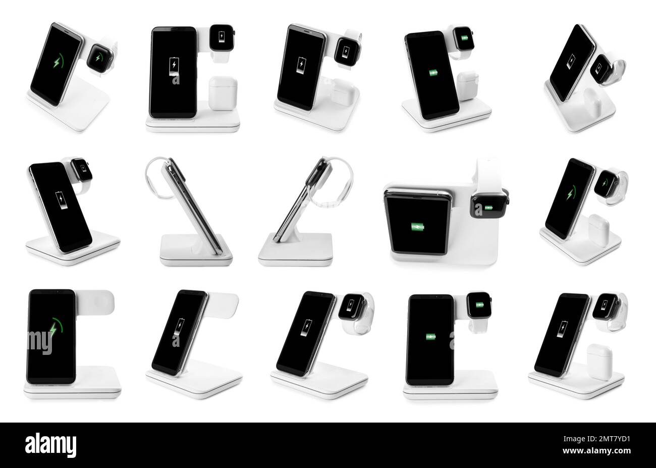 Collage with wireless chargers and gadgets on white background Stock ...