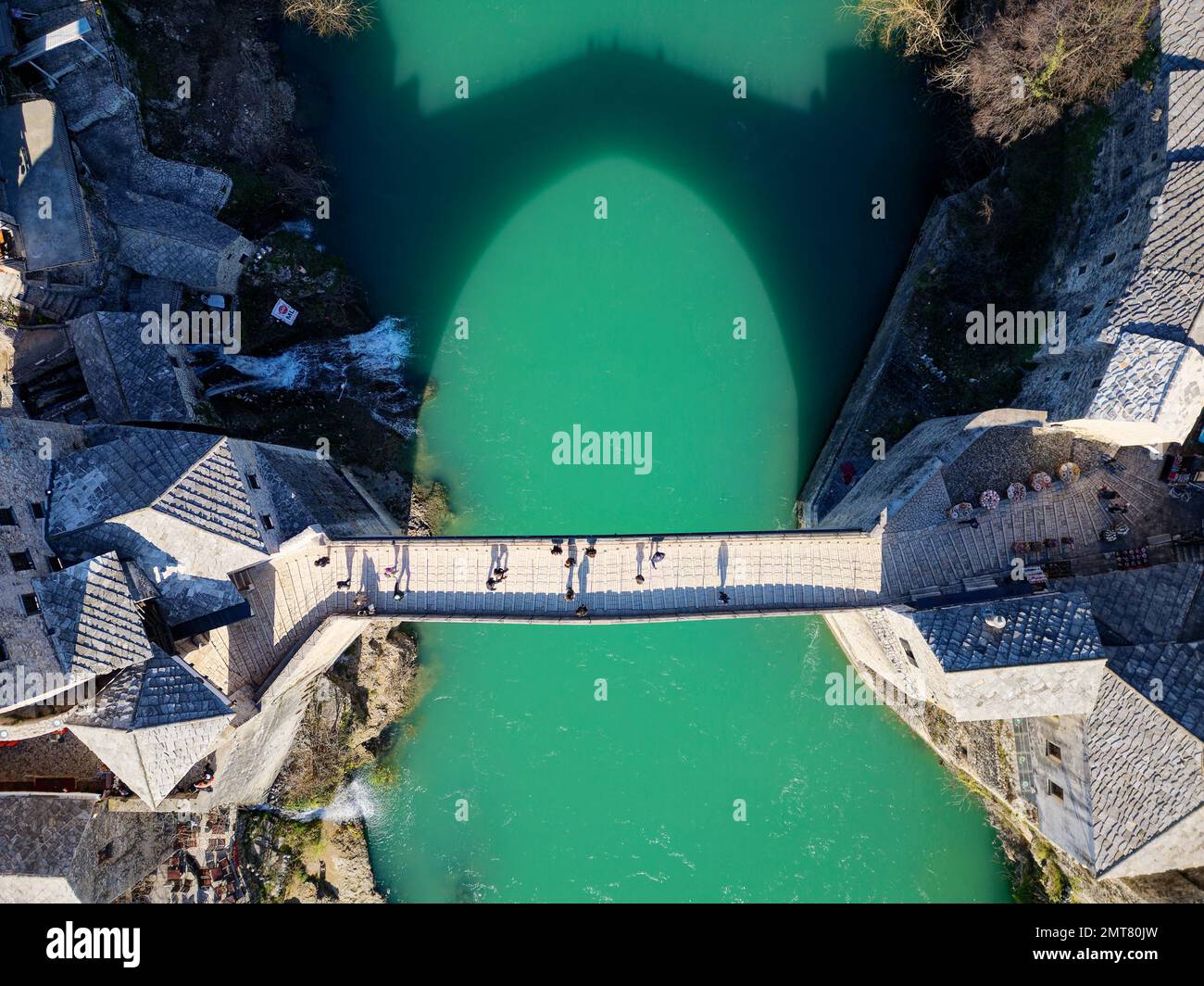 Aerial drone view of the Old Bridge in Mostar city in Bosnia and ...