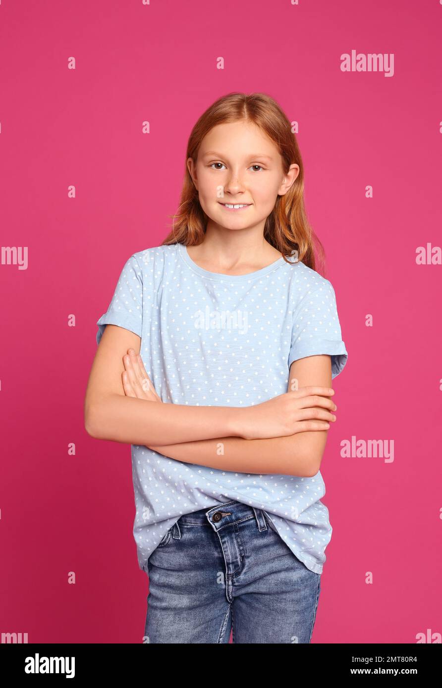 Portrait of preteen girl on pink background Stock Photo - Alamy