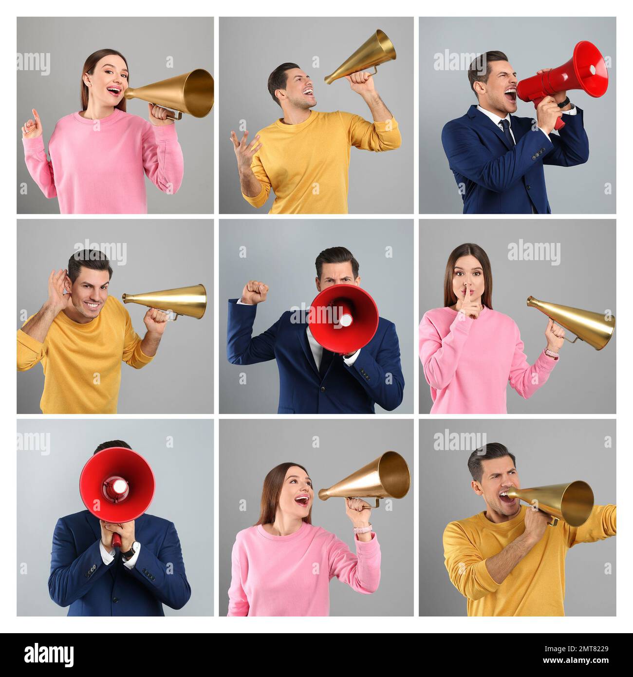 Collage of people with megaphones on grey background Stock Photo - Alamy