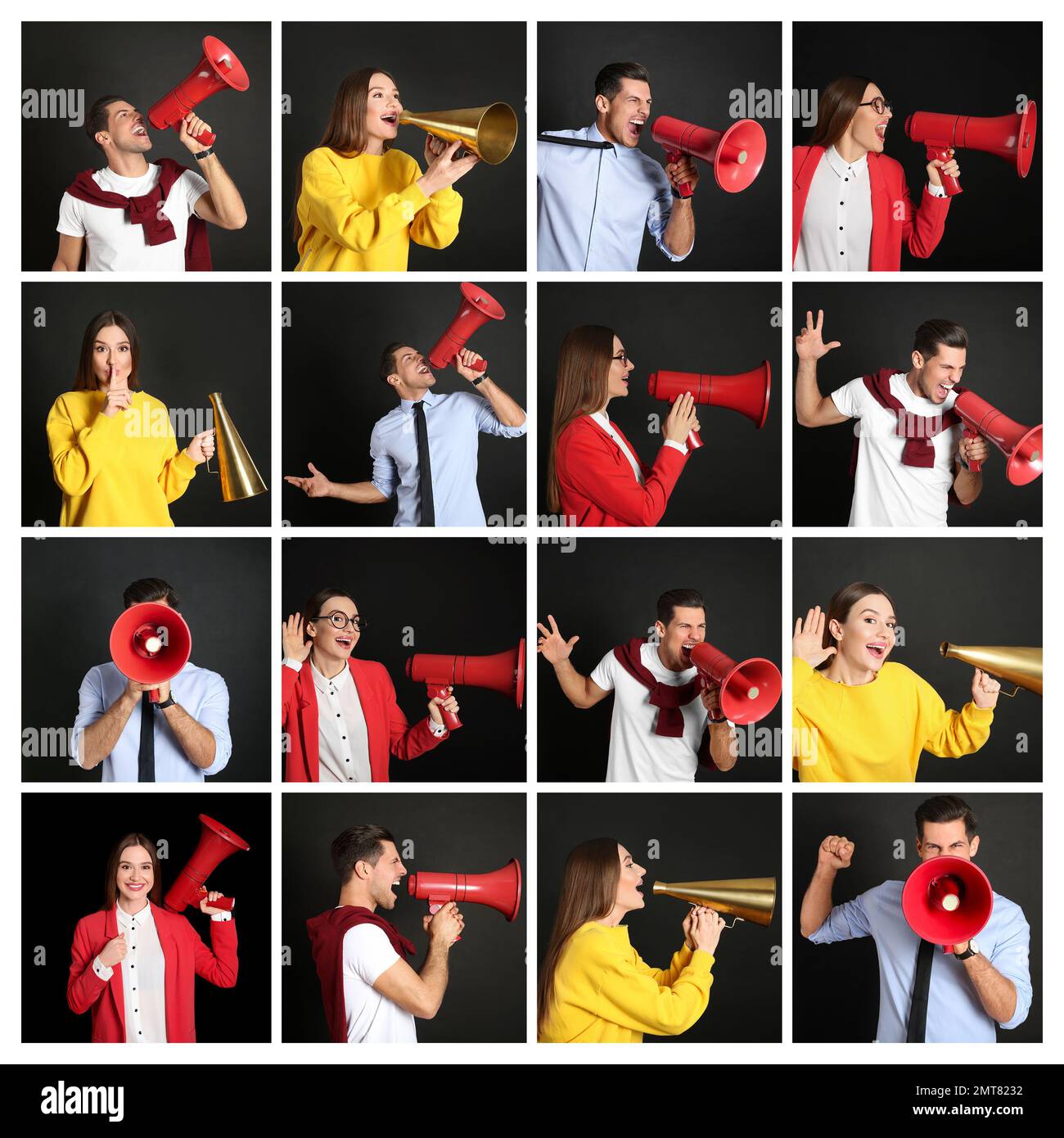 Collage of people with megaphones on black background Stock Photo - Alamy