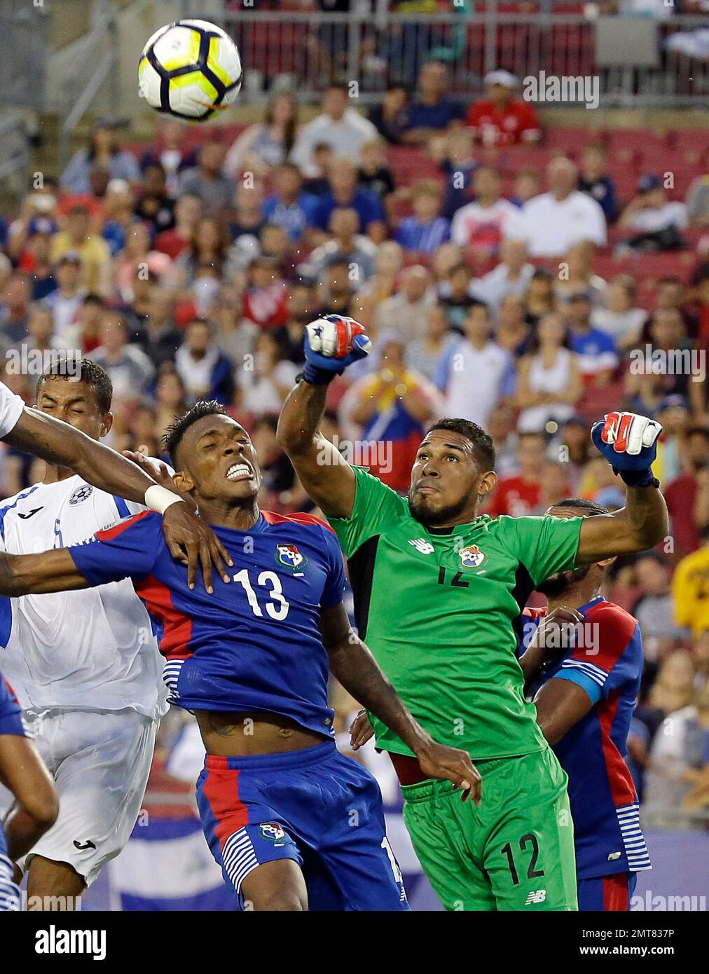 Panama goalkeeper Jose Calderon (12) clears the ball away from Panama's ...