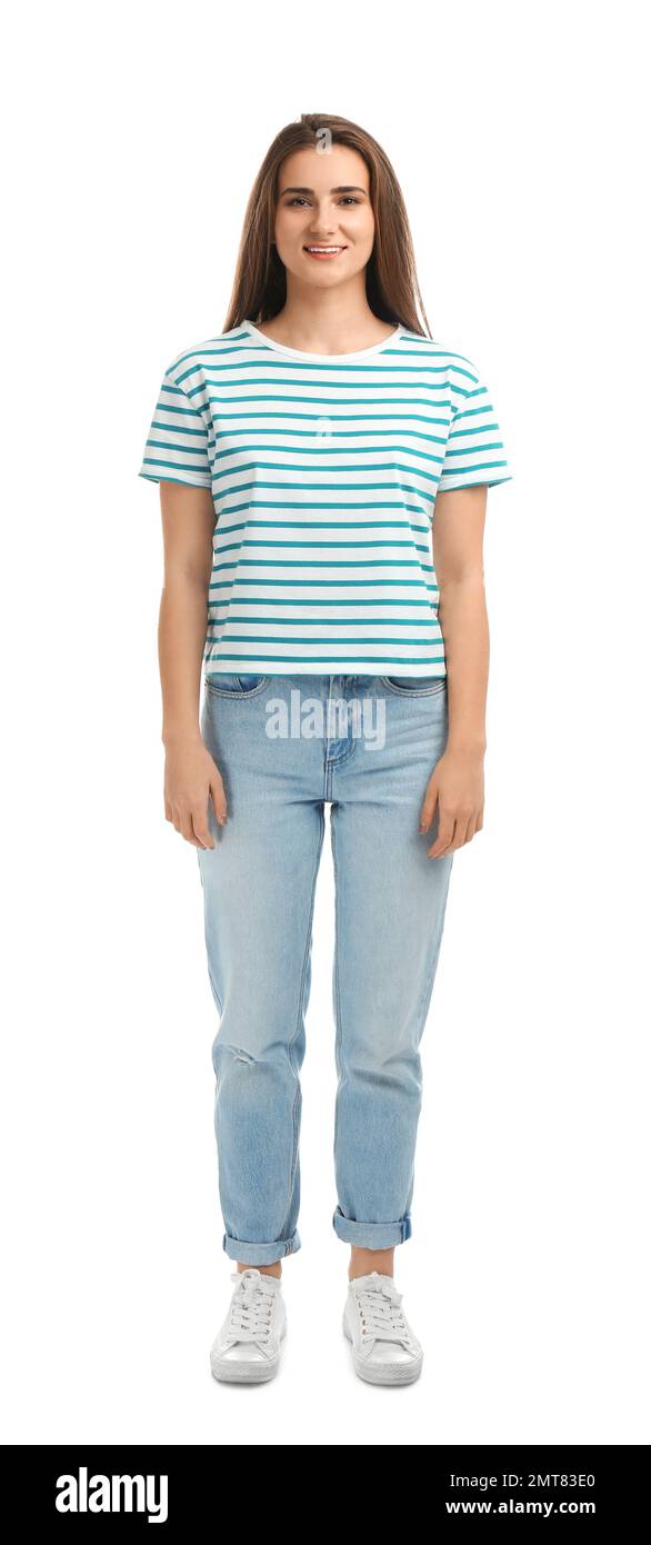 Full length portrait of beautiful young woman on white background Stock ...