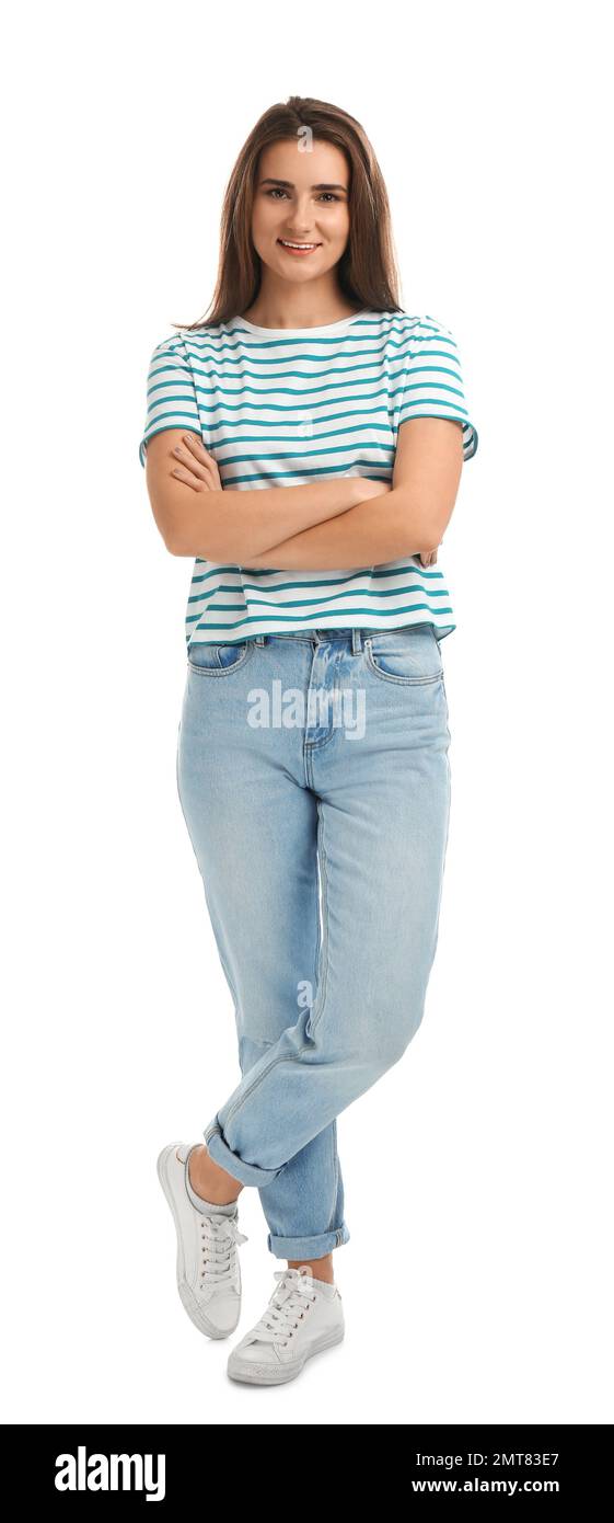 Full length portrait of beautiful young woman on white background Stock ...