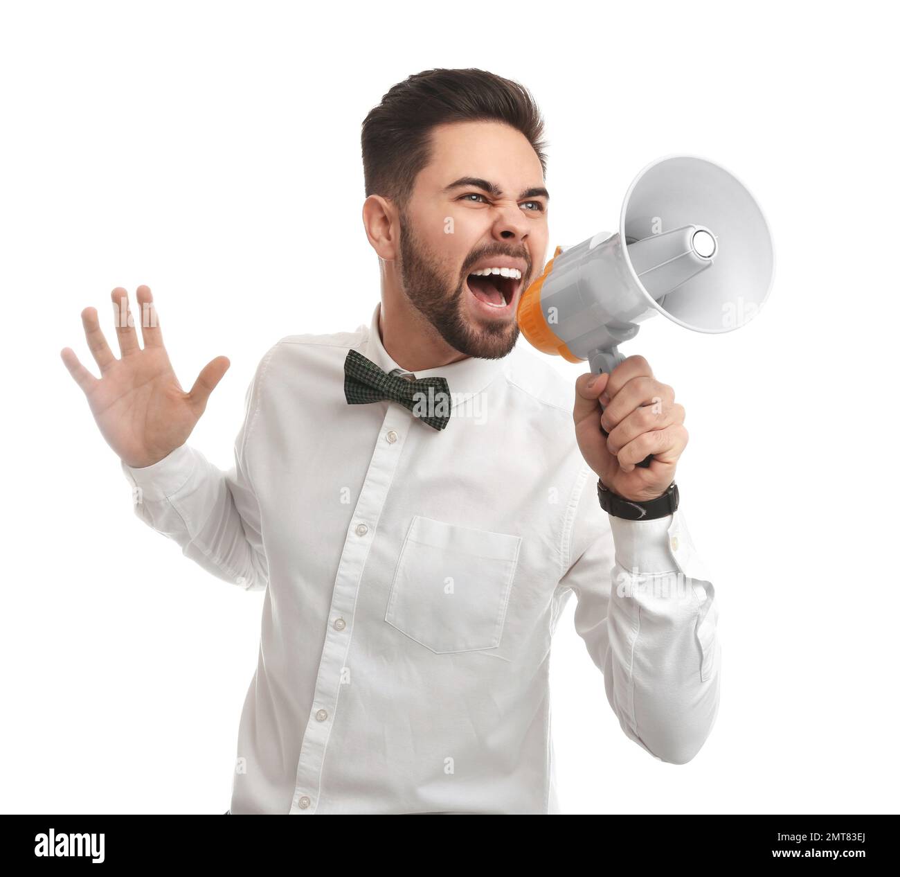 Young man with megaphone on white background Stock Photo - Alamy