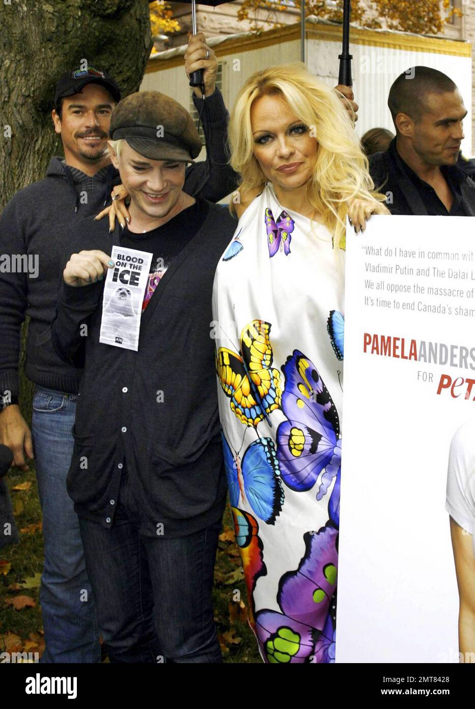 Pamela Anderson wears a colorful spring-like dress on a very dreary day ...